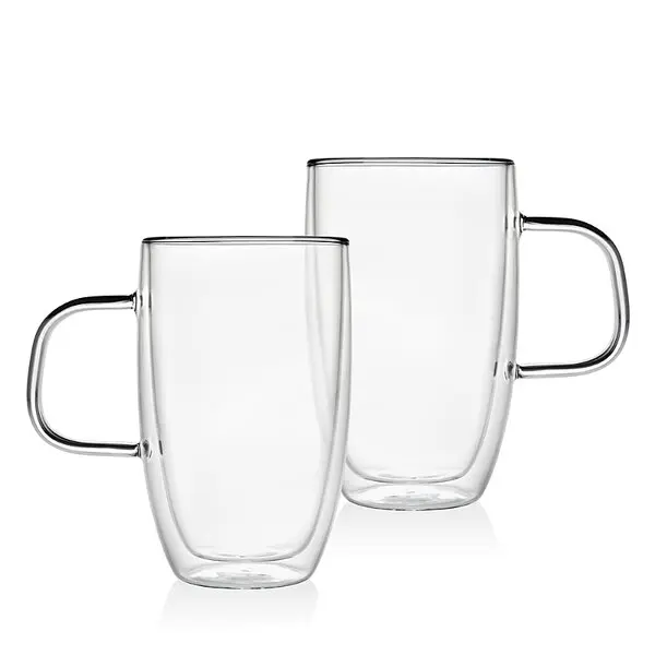 GODINGER Double Walled Large Glass Coffee Mug, Set Of 2 - Clear