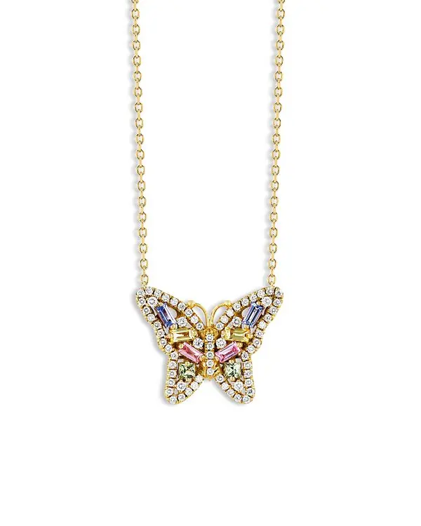 SUZANNE KALAN 18k Yellow Gold Rainbow Sapphire & Diamond Butterfly Pendant Necklace - Multi