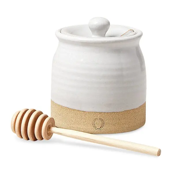 FARMHOUSE POTTERY Beehive Honey Pot & Wooden Dipper - Open White