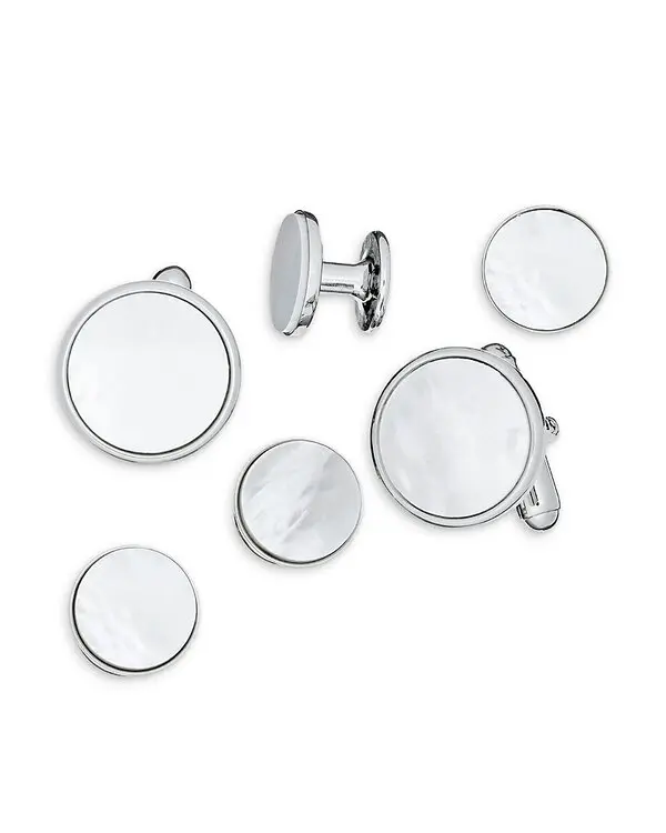LINK UP Classic Round Mother Of Pearl Stud & Cufflink Set - Silver