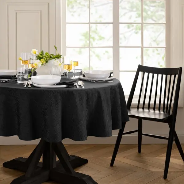 ELRENE HOME FASHIONS Continental Solid Texture Water And Stain Resistant Round Tablecloth, 70 - Black