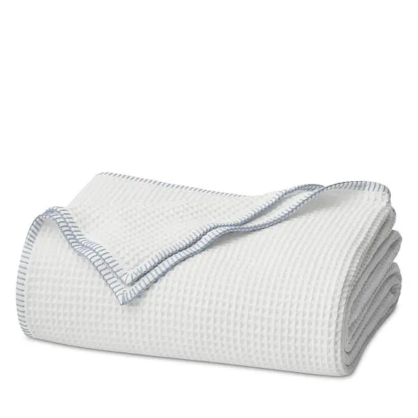 BOLL & BRANCH Waffle Cotton Bed Blanket, King/cali King - White/hydrangea Whipstitch