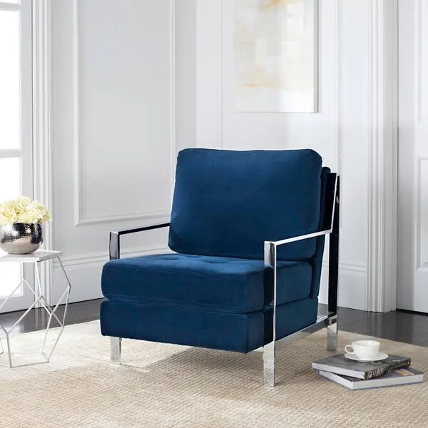 SAFAVIEH Walden Modern Tufted Linen Chrome Accent Chair - Navy