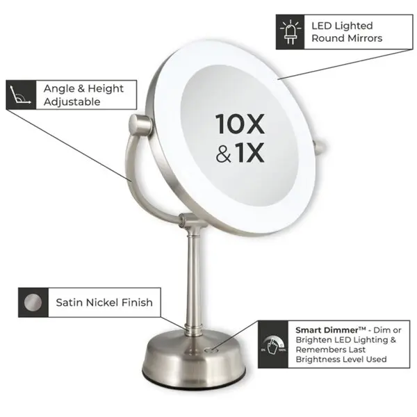 ZADRO Lexington Customizable Sunlight Led Lighted Vanity Mirror, 10x/1x Magnification - Silver