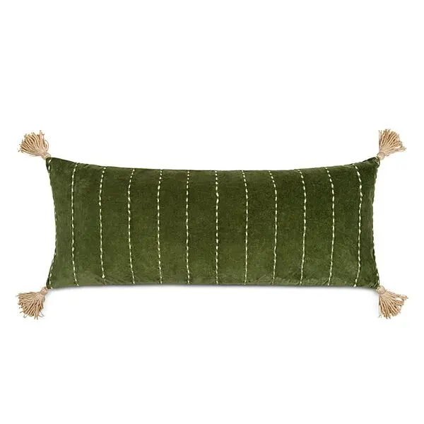 SURYA Velvet Kantha Lumbar Pillow, 13l X 36w - Grass Green