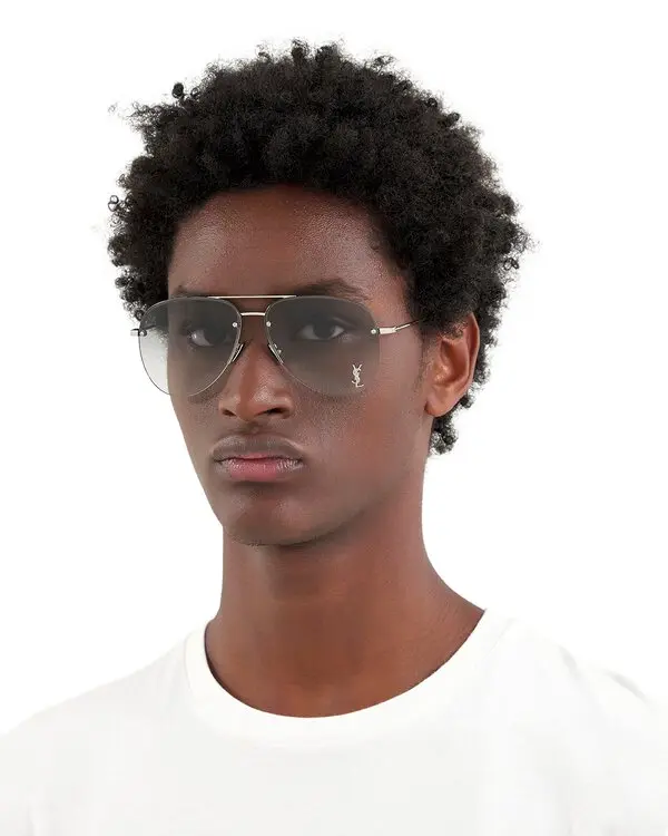 Saint Laurent Classic 11 M Brow Bar Aviator Sunglasses - Silver/gray Gradient
