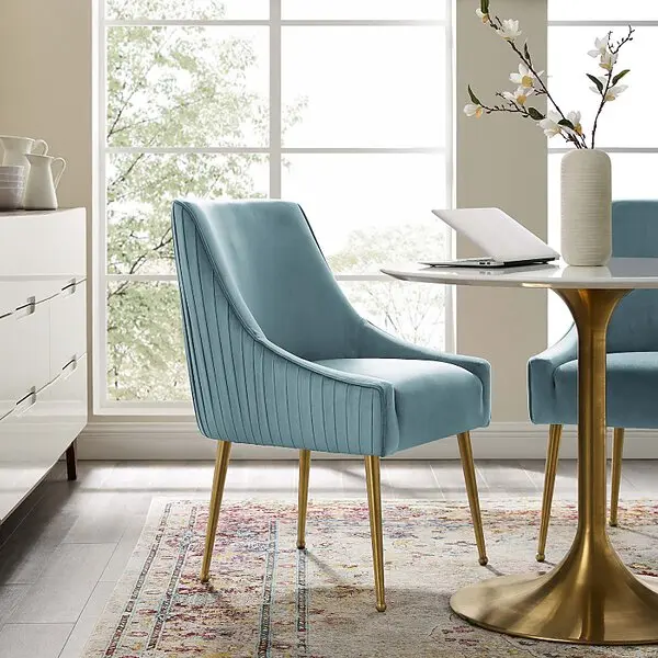 MODWAY Discern Pleated Back Upholstered Performance Velvet Dining Chair - Light Blue
