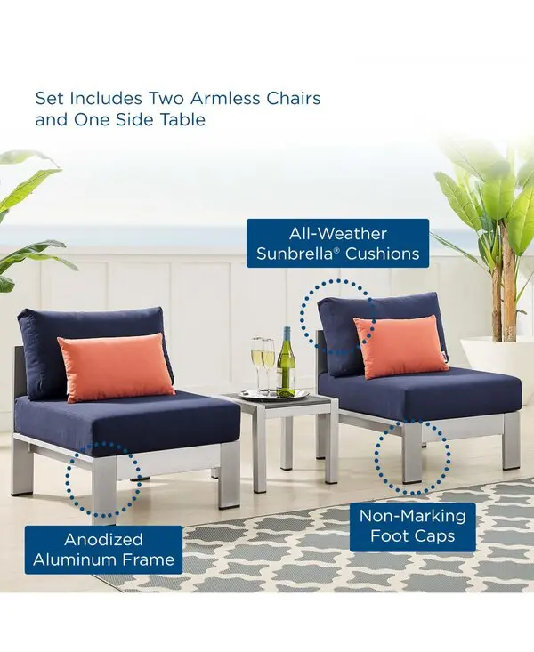 MODWAY Shore 3 Piece Sunbrella Fabric Aluminum Outdoor Patio Set