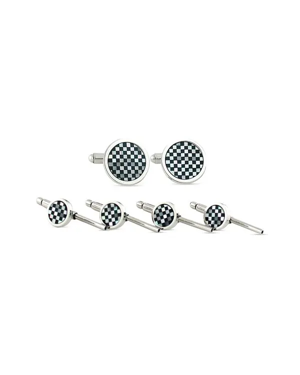 David Donahue Sterling Mother Of Pearl & Onyx Checkerboard Stud & Cufflink Set - Silver