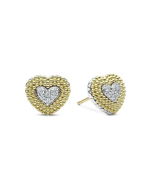 Lagos Sterling Silver And 18k Yellow Gold Diamond Heart Stud Earrings - White/yellow