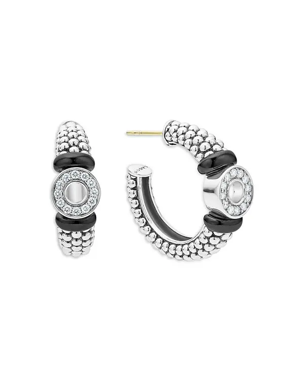 Lagos Sterling Silver Black Caviar Ceramic & Diamond Circle Hoop Earrings - Silver/black