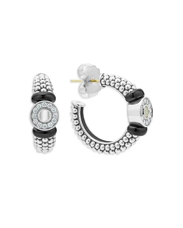 Lagos Sterling Silver Black Caviar Ceramic & Diamond Circle Hoop Earrings
