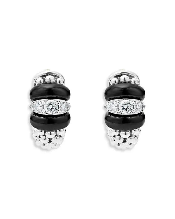 Lagos Sterling Silver, Ceramic, And Diamond Bead Hoop Earrings - Silver/black