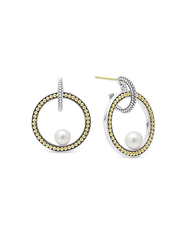 Lagos 18k Yellow Gold & Sterling Silver Pearl Drop Hoop Earrings - Silver/gold