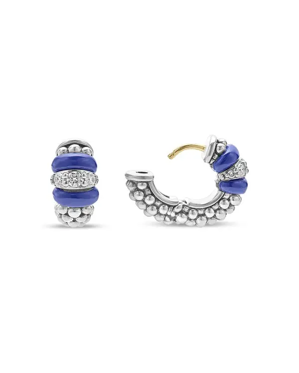 Lagos Blue Caviar Ceramic And Diamond Huggie Earrings - Blue/silver
