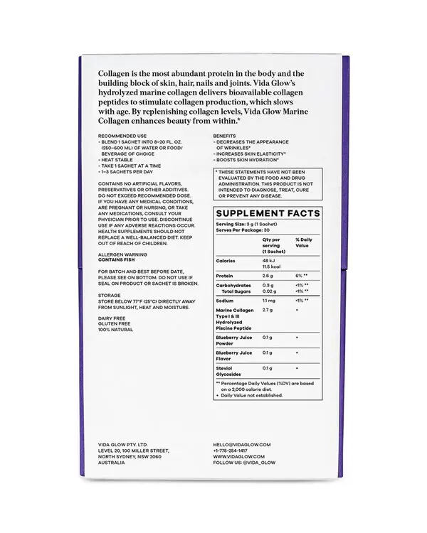 VIDA GLOW Natural Marine Collagen Dietary Supplement Blueberry