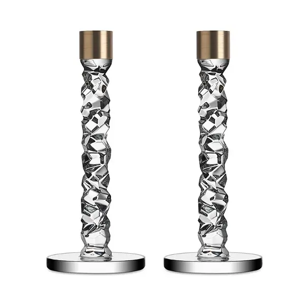 ORREFORS Carat Large Clear Candlesticks, Set Of 2 - Clear/brass