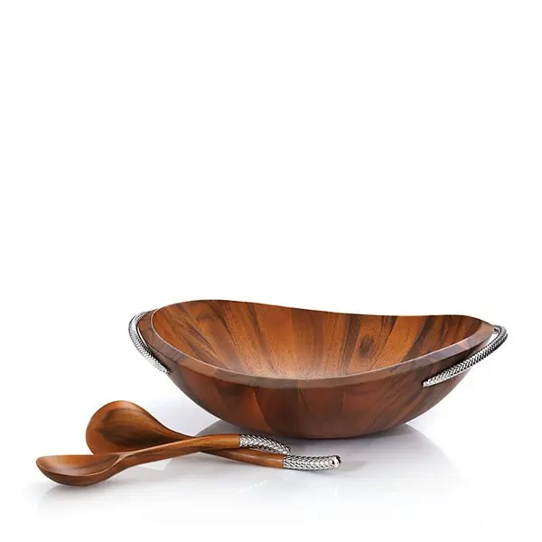 NAMBE Braid Collection Salad Bowl & Servers - Chrome Plate And Acacia Wood