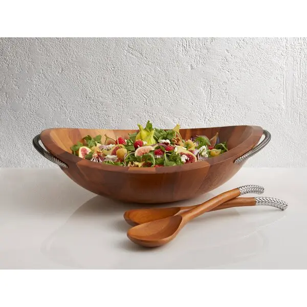 NAMBE Braid Collection Salad Bowl & Servers - Chrome Plate And Acacia Wood