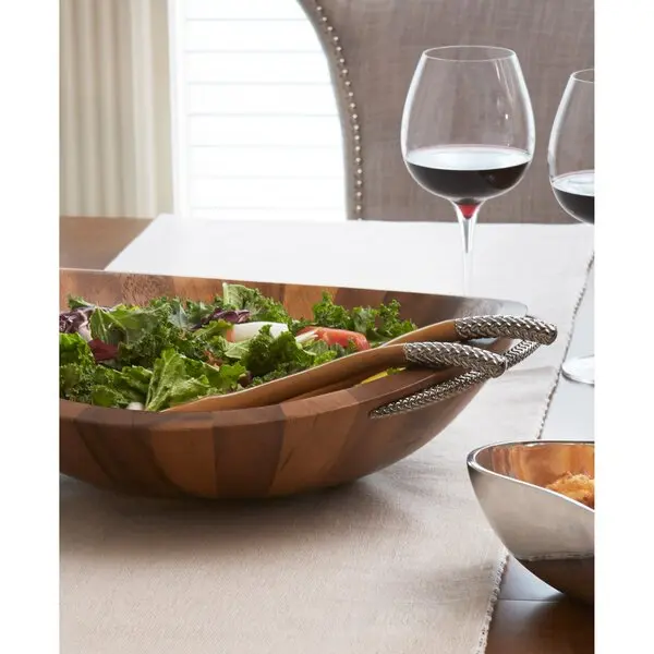 NAMBE Braid Collection Salad Bowl & Servers - Chrome Plate And Acacia Wood