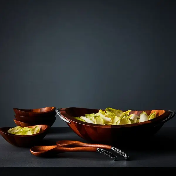 NAMBE Braid Collection Salad Bowl & Servers - Chrome Plate And Acacia Wood