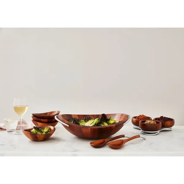 NAMBE Braid Collection Salad Bowl & Servers - Chrome Plate And Acacia Wood