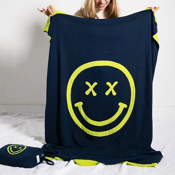 PINK LEMONADE Smiley Travel Throw Blanket - Navy Blue