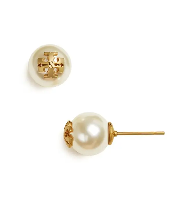 Tory Burch Imitation Pearl Stud Earrings - White/gold
