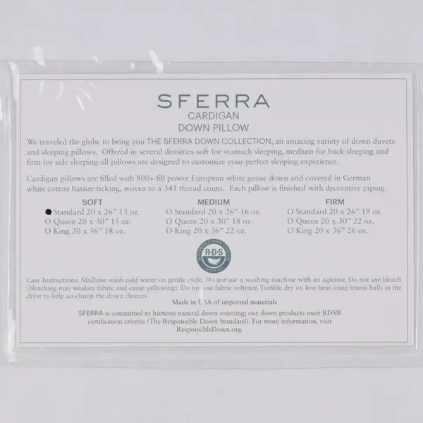 SFERRA Cardigan Soft Standard Down Pillow