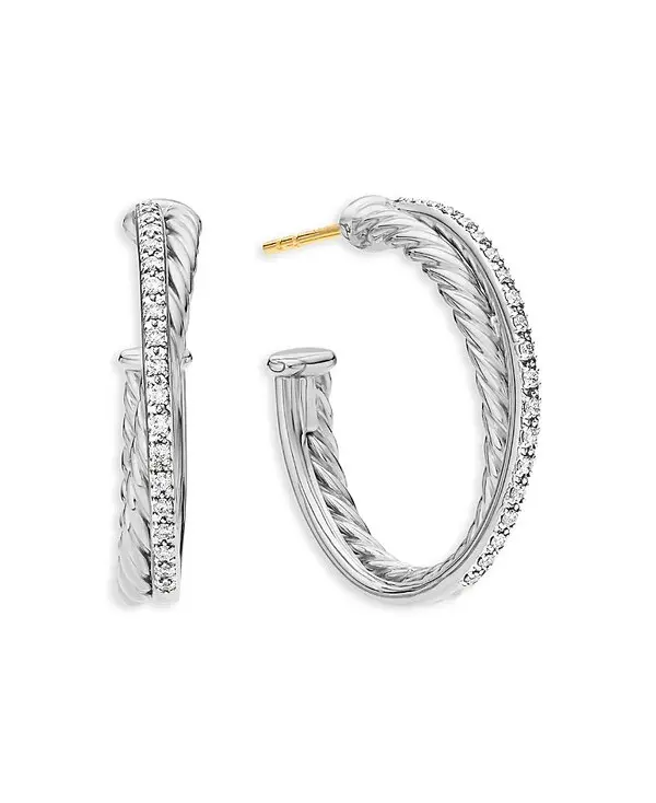 David Yurman Sterling Silver Crossover Hoop Earrings With Diamonds - White/silver