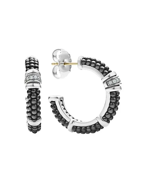 Lagos Sterling Silver Black Caviar Diamond Hoop Earrings - Black/silver