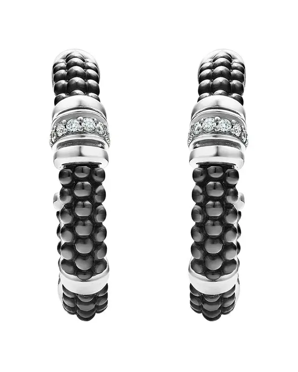 Lagos Sterling Silver Black Caviar Diamond Hoop Earrings