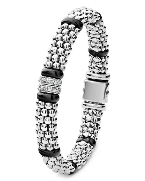 Lagos Sterling Silver & Ceramic Caviar Beaded Diamond Station Bracelet - Black/silver