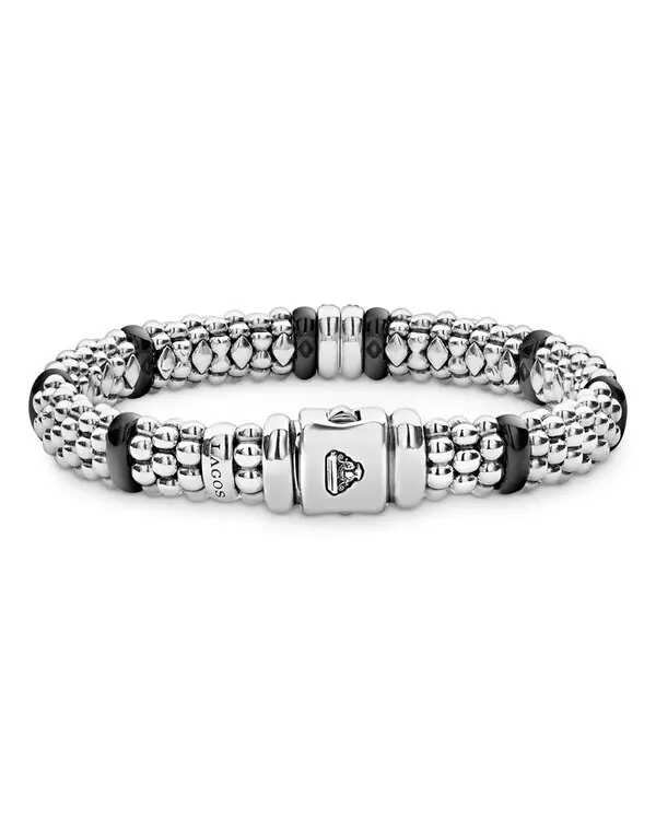 Lagos Sterling Silver & Ceramic Caviar Beaded Diamond Station Bracelet - Black/silver