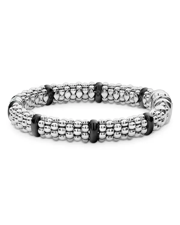 Lagos Sterling Silver & Ceramic Caviar Beaded Diamond Station Bracelet - Black/silver