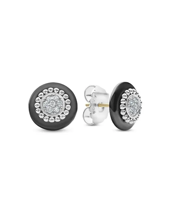 Lagos Sterling Silver Diamond & Black Ceramic Stud Earrings