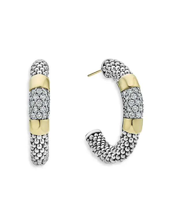 Lagos Sterling Silver And 18k Gold Diamond Hoop Earrings - Silver/gold