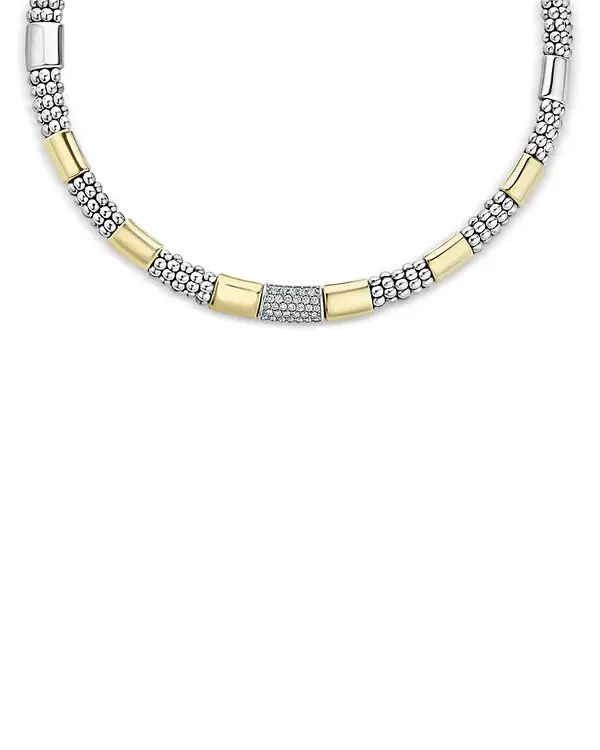Lagos Sterling Silver And 18k Gold Diamond High Bar Necklace - Silver/gold