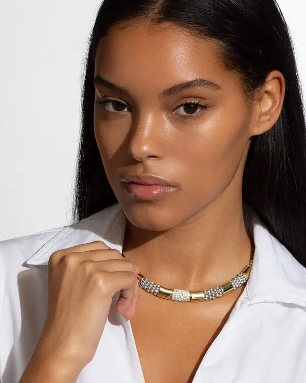 Lagos Sterling Silver And 18k Gold Diamond High Bar Necklace