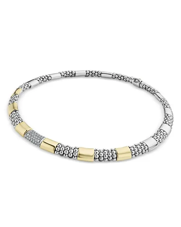 Lagos Sterling Silver And 18k Gold Diamond High Bar Necklace