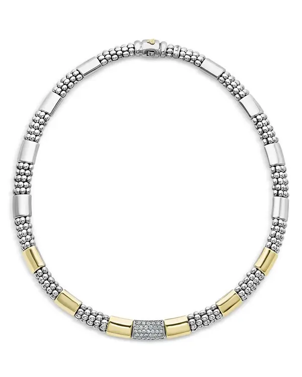 Lagos Sterling Silver And 18k Gold Diamond High Bar Necklace