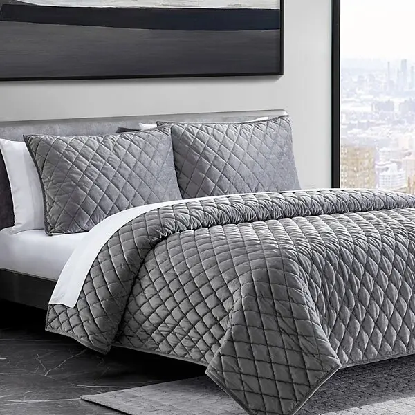 Vera Wang Diamond Velvet Charcoal King Quilt Set - Soft Charcoal