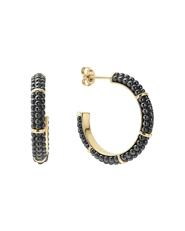 Lagos Gold & Black Caviar Collection 18k Gold & Ceramic Hoop Earrings - Black/gold