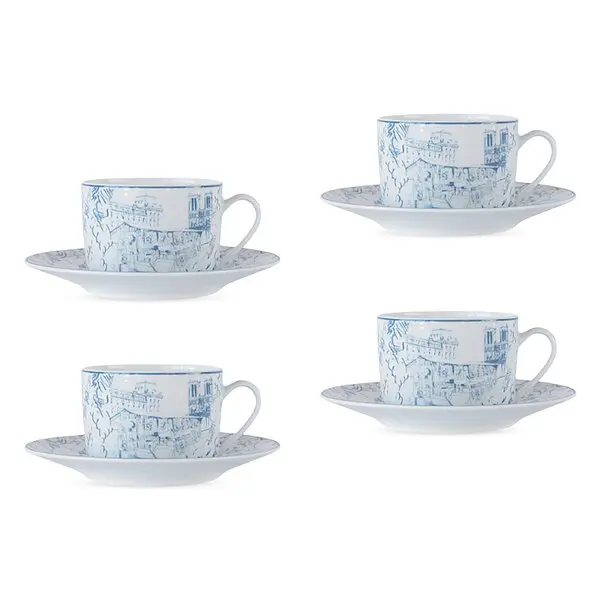 Bernardaud Tout Paris Set Of 4 Tea Cups & Saucers - White/blue