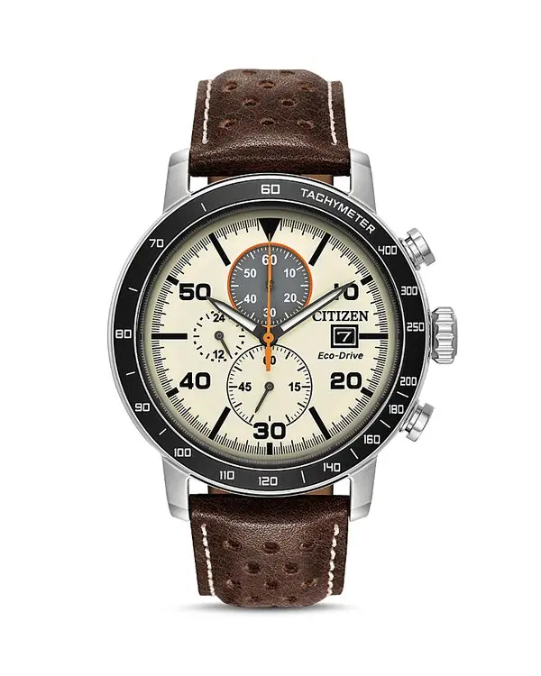Citizen 44mm Leather Strap Watch - Ivory/brown