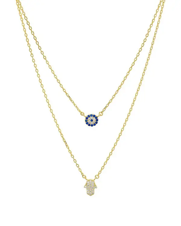 Aqua Double Strand Hamsa Pendant Necklace - Gold