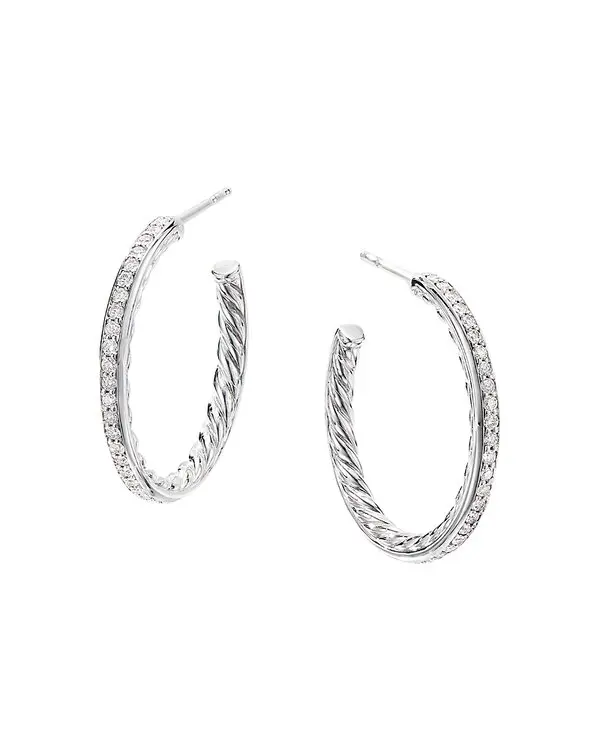 David Yurman Sterling Hoop Earrings With Diamonds - Silver