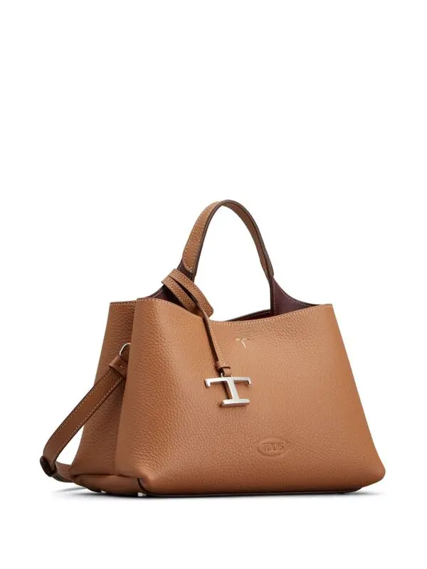 TOD'S Leather Tote Bag With Logo Pendant - Brown