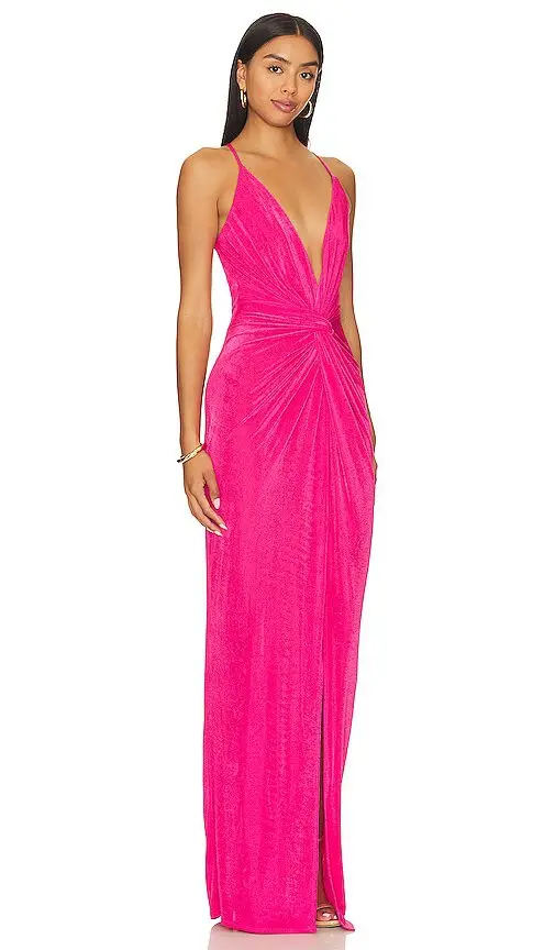 Katie May Fuchsia Plunge Neckline Ruched Gown - Pink Peacock