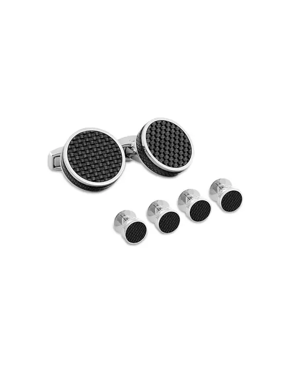 Tateossian Rhodium Plated Round Stud & Cufflink Set - Black/silver